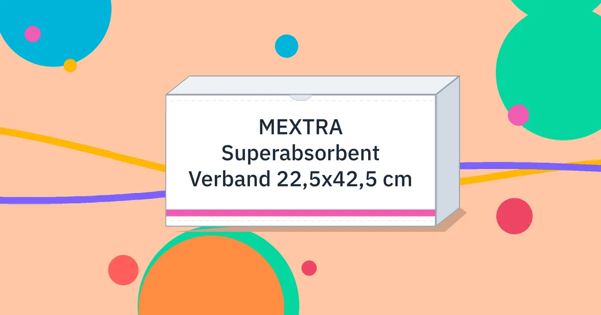 Symbolbild: Packung mit der Aufschrift MEXTRA Superabsorbent Verband 22,5x42,5 cm (PZN 16329481) – Verfügbarkeit und Bezug in Apotheken in Frankfurt am Main