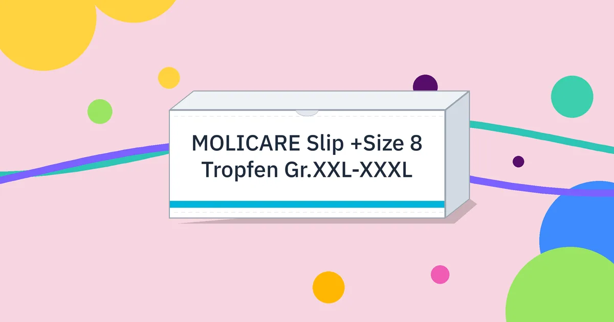 Symbolbild: Packung mit der Aufschrift MOLICARE Slip +Size 8 Tropfen Gr.XXL-XXXL (PZN 20056675) – Verfügbarkeit und Bezug in Apotheken in Frankfurt am Main