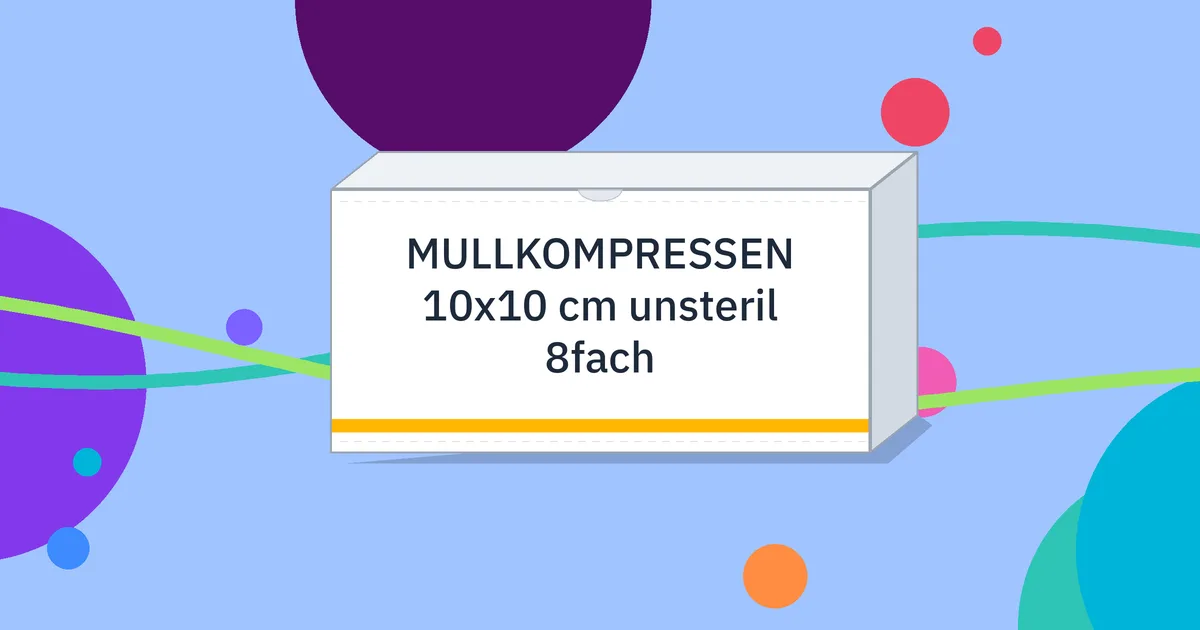 Symbolbild: Packung mit der Aufschrift MULLKOMPRESSEN 10x10 cm unsteril 8fach (PZN 08821452) – Verfügbarkeit und Bezug in Apotheken in Frankfurt am Main