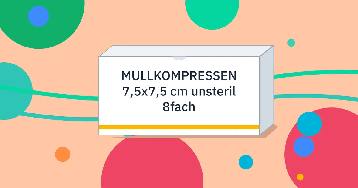 Symbolbild: Packung mit der Aufschrift MULLKOMPRESSEN 7,5x7,5 cm unsteril 8fach (PZN 07099668) – Verfügbarkeit und Bezug in Apotheken in Frankfurt am Main