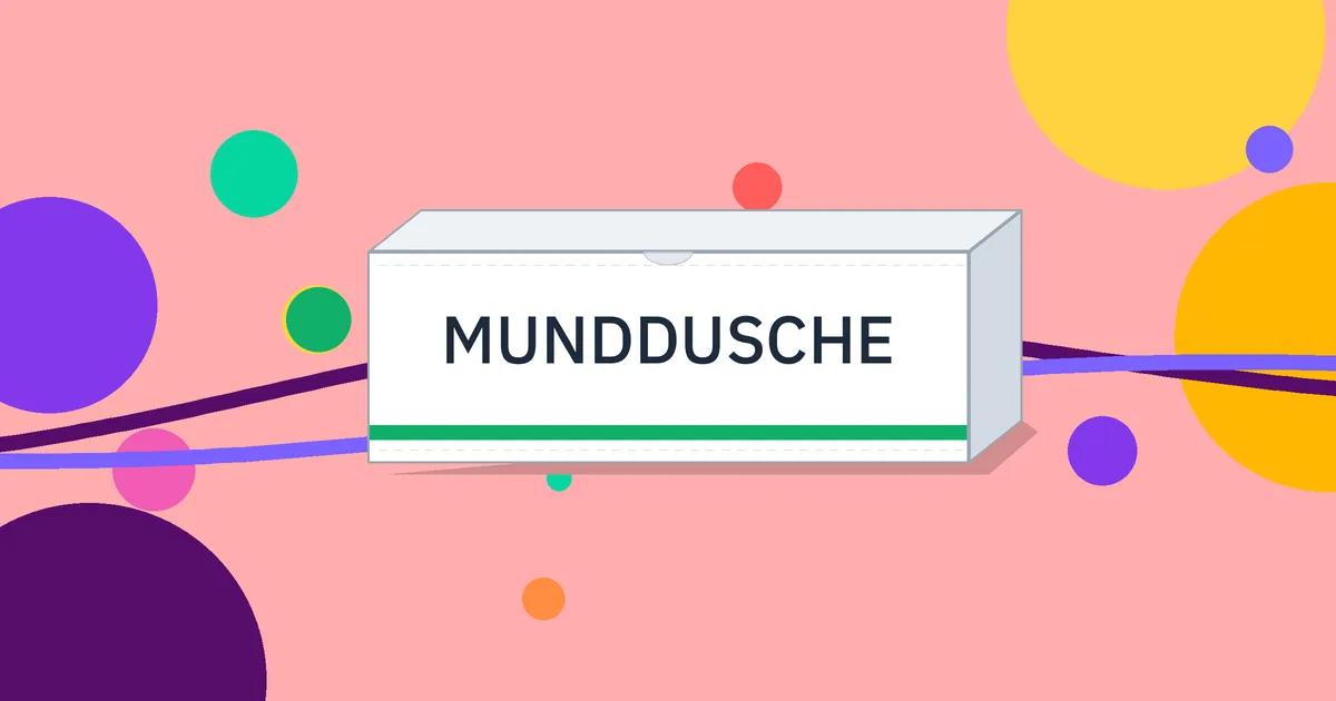 Symbolbild: Packung mit der Aufschrift MUNDDUSCHE (PZN 02442481) – Verfügbarkeit und Bezug in Apotheken in Frankfurt am Main