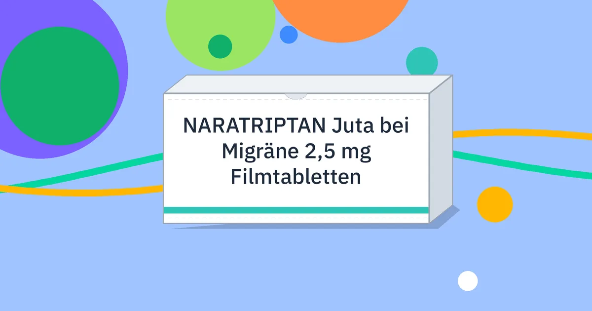 Symbolbild: Packung mit der Aufschrift NARATRIPTAN Juta bei Migräne 2,5 mg Filmtabletten (PZN 18110686) – Verfügbarkeit und Bezug in Apotheken in Frankfurt am Main