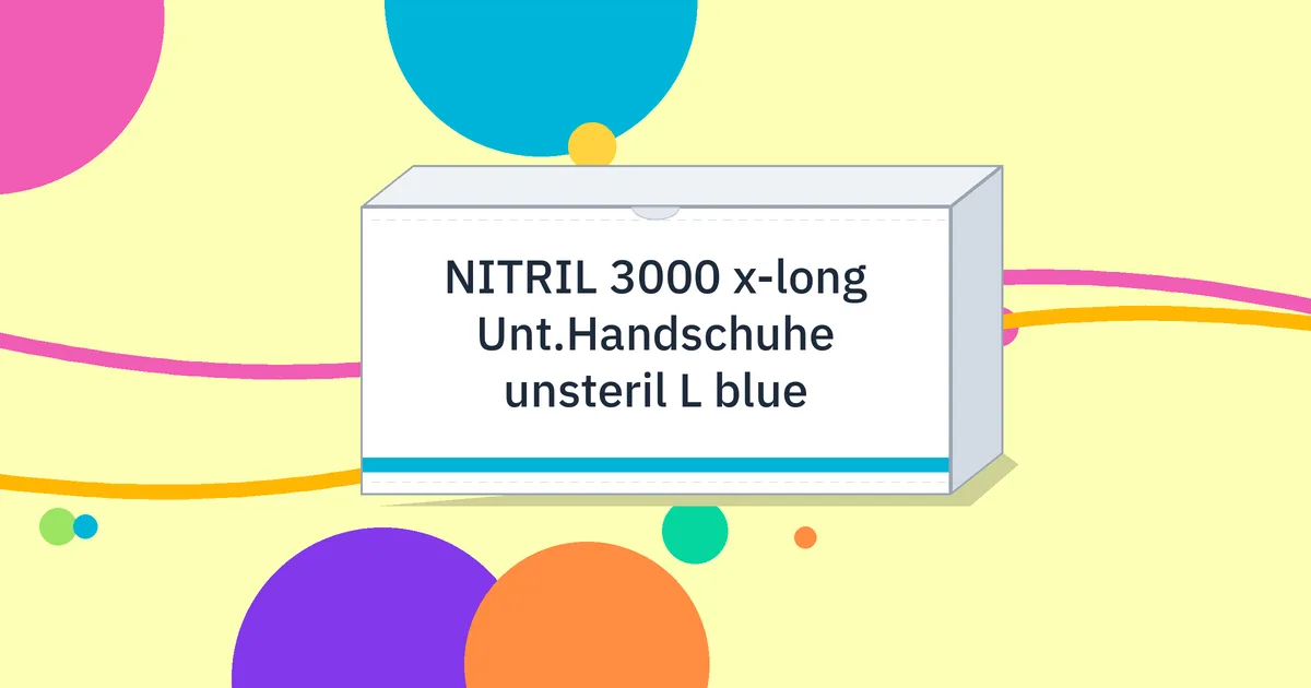 Symbolbild: Packung mit der Aufschrift NITRIL 3000 x-long Unt.Handschuhe unsteril L blue (PZN 00400857) – Verfügbarkeit und Bezug in Apotheken in Frankfurt am Main