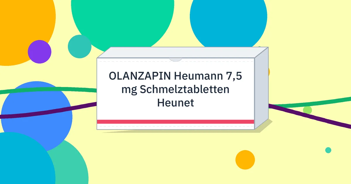 Symbolbild: Packung mit der Aufschrift OLANZAPIN Heumann 7,5 mg Schmelztabletten Heunet (PZN 09100111) – Verfügbarkeit und Bezug in Apotheken in Frankfurt am Main