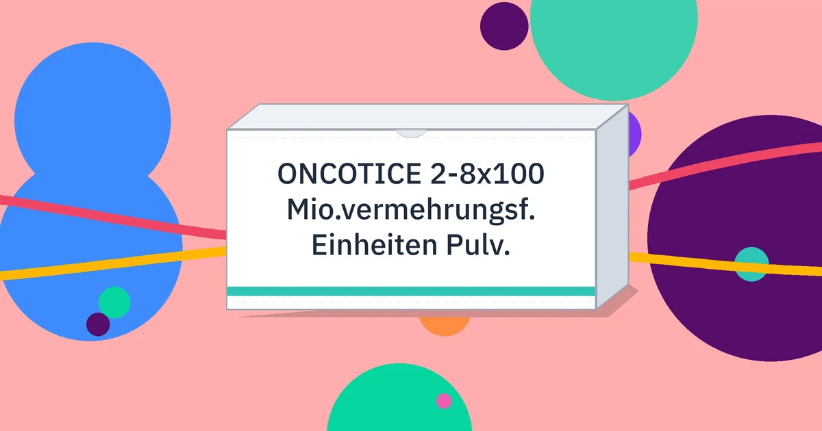 Symbolbild: Packung mit der Aufschrift ONCOTICE 2-8x100 Mio.vermehrungsf. Einheiten Pulv. (PZN 06964414) – Verfügbarkeit und Bezug in Apotheken in Frankfurt am Main