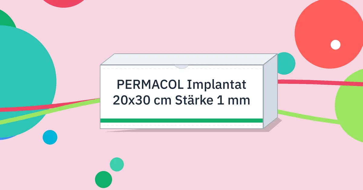 Symbolbild: Packung mit der Aufschrift PERMACOL Implantat 20x30 cm Stärke 1 mm (PZN 05869754) – Verfügbarkeit und Bezug in Apotheken in Frankfurt am Main