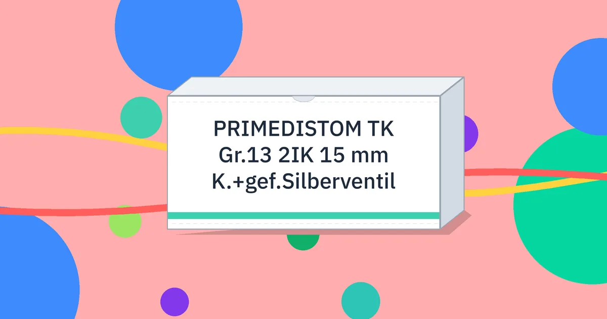 Symbolbild: Packung mit der Aufschrift PRIMEDISTOM TK Gr.13 2IK 15 mm K.+gef.Silberventil (PZN 10230155) – Verfügbarkeit und Bezug in Apotheken in Frankfurt am Main