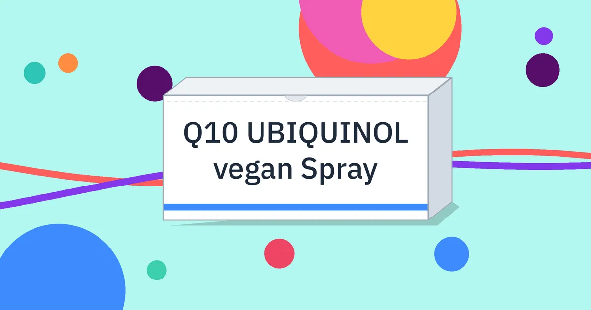 Symbolbild: Packung mit der Aufschrift Q10 UBIQUINOL vegan Spray (PZN 18802941) – Verfügbarkeit und Bezug in Apotheken in Frankfurt am Main