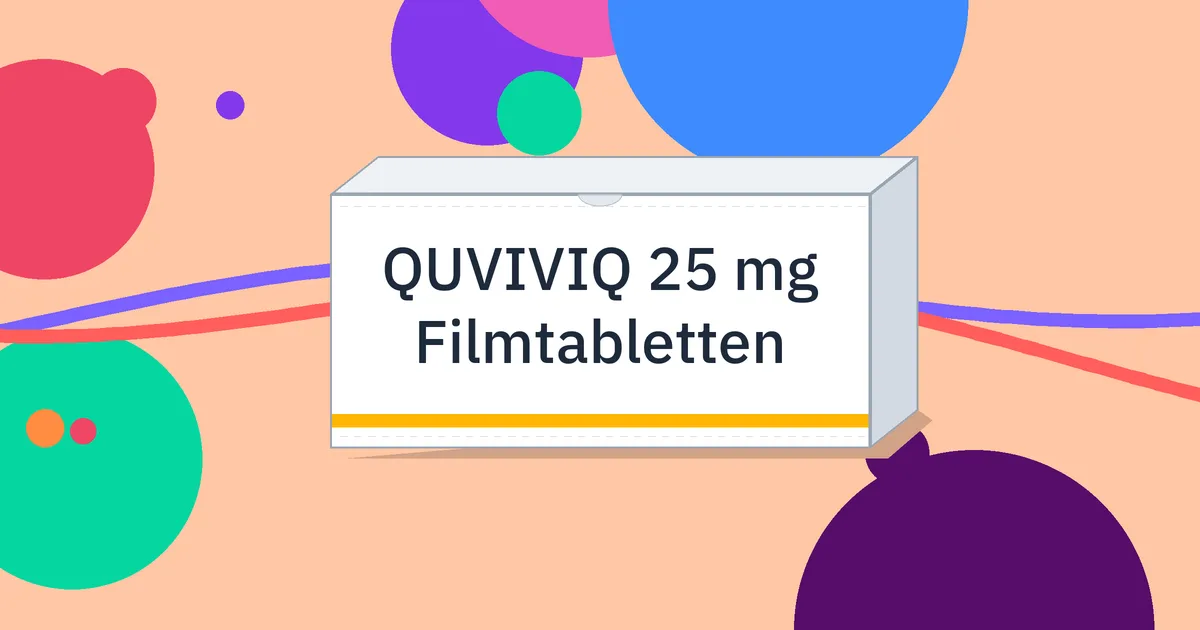 Symbolbild: Packung mit der Aufschrift QUVIVIQ 25 mg Filmtabletten (PZN 20575464) – Verfügbarkeit und Bezug in Apotheken in Frankfurt am Main