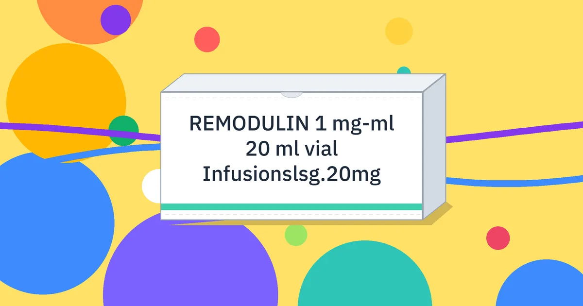 Symbolbild: Packung mit der Aufschrift REMODULIN 1 mg-ml 20 ml vial Infusionslsg.20mg (PZN 02328130) – Verfügbarkeit und Bezug in Apotheken in Frankfurt am Main