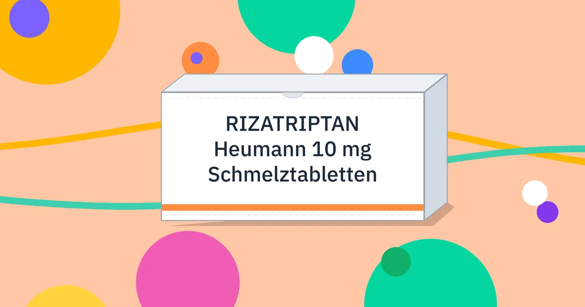 Symbolbild: Packung mit der Aufschrift RIZATRIPTAN Heumann 10 mg Schmelztabletten (PZN 11871436) – Verfügbarkeit und Bezug in Apotheken in Frankfurt am Main