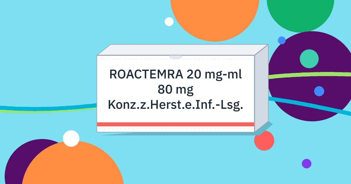 Symbolbild: Packung mit der Aufschrift ROACTEMRA 20 mg-ml 80 mg Konz.z.Herst.e.Inf.-Lsg. (PZN 12728965) – Verfügbarkeit und Bezug in Apotheken in Frankfurt am Main