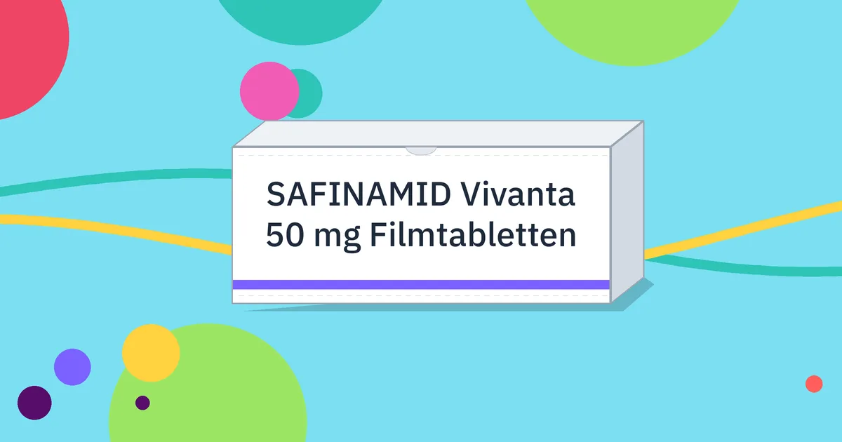 Symbolbild: Packung mit der Aufschrift SAFINAMID Vivanta 50 mg Filmtabletten (PZN 20045571) – Verfügbarkeit und Bezug in Apotheken in Frankfurt am Main