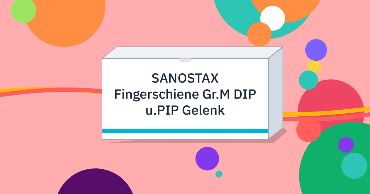 Symbolbild: Packung mit der Aufschrift SANOSTAX Fingerschiene Gr.M DIP u.PIP Gelenk (PZN 12776378) – Verfügbarkeit und Bezug in Apotheken in Frankfurt am Main