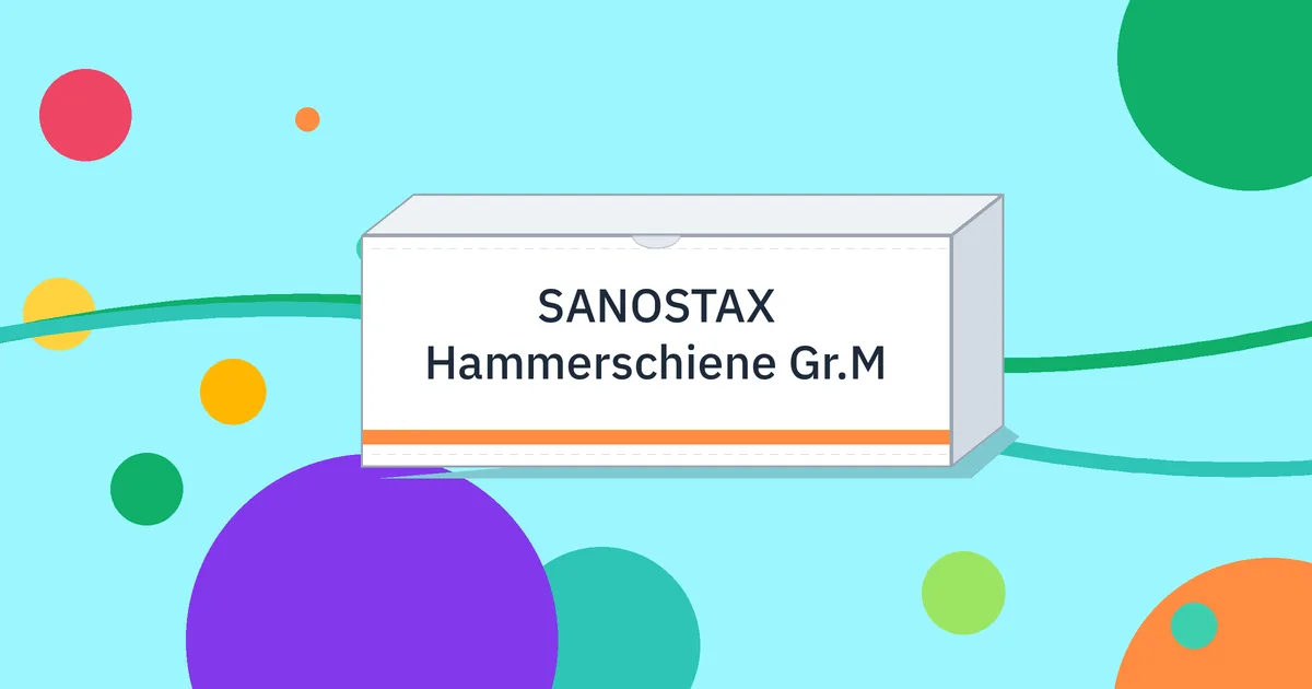 Symbolbild: Packung mit der Aufschrift SANOSTAX Hammerschiene Gr.M (PZN 10775819) – Verfügbarkeit und Bezug in Apotheken in Frankfurt am Main