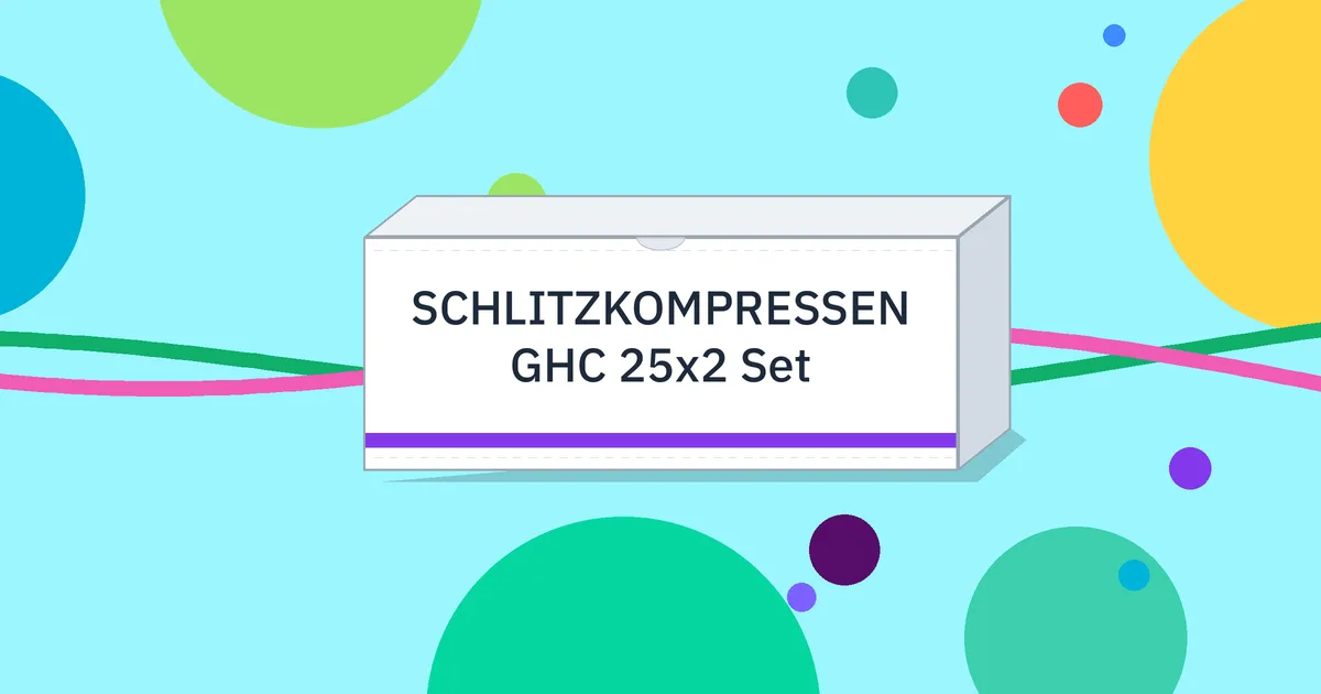 Symbolbild: Packung mit der Aufschrift SCHLITZKOMPRESSEN GHC 25x2 Set (PZN 06718974) – Verfügbarkeit und Bezug in Apotheken in Frankfurt am Main