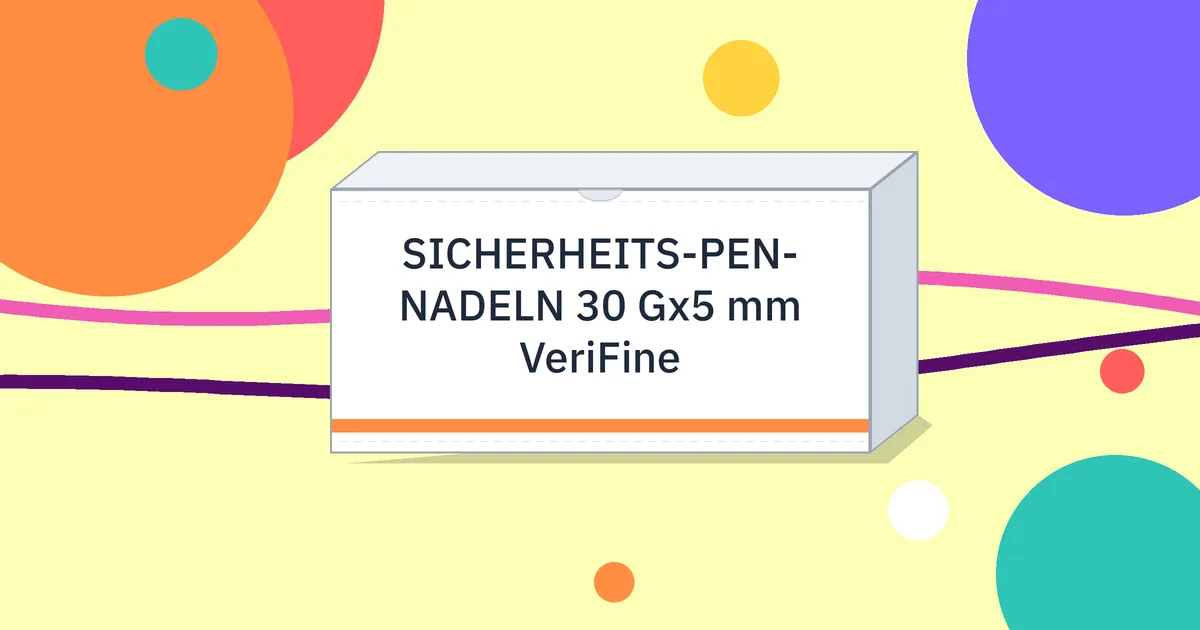 Symbolbild: Packung mit der Aufschrift SICHERHEITS-PEN-NADELN 30 Gx5 mm VeriFine (PZN 17376577) – Verfügbarkeit und Bezug in Apotheken in Frankfurt am Main
