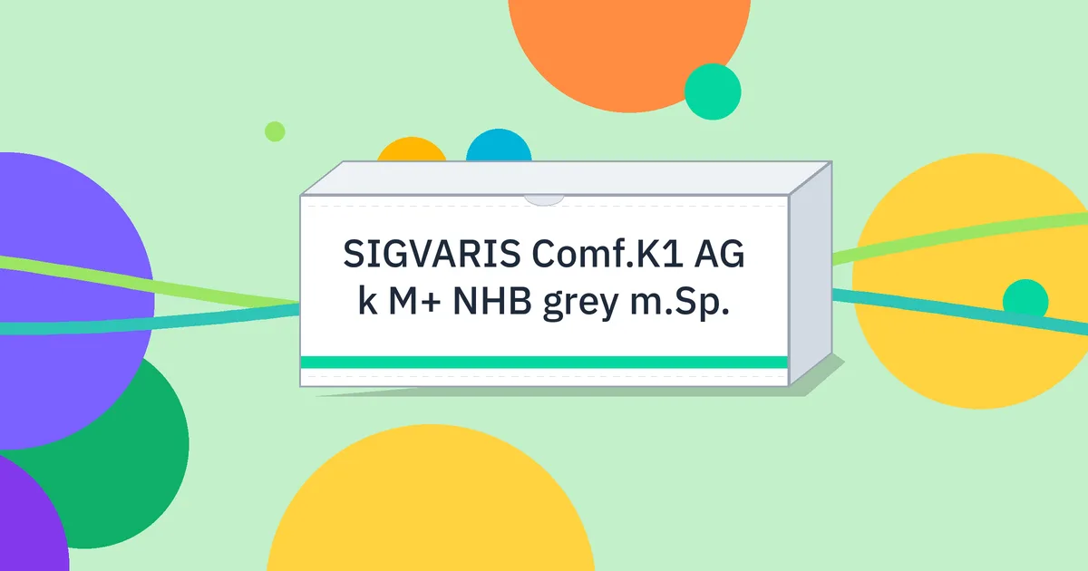 Symbolbild: Packung mit der Aufschrift SIGVARIS Comf.K1 AG k M+ NHB grey m.Sp. (PZN 17096725) – Verfügbarkeit und Bezug in Apotheken in Frankfurt am Main