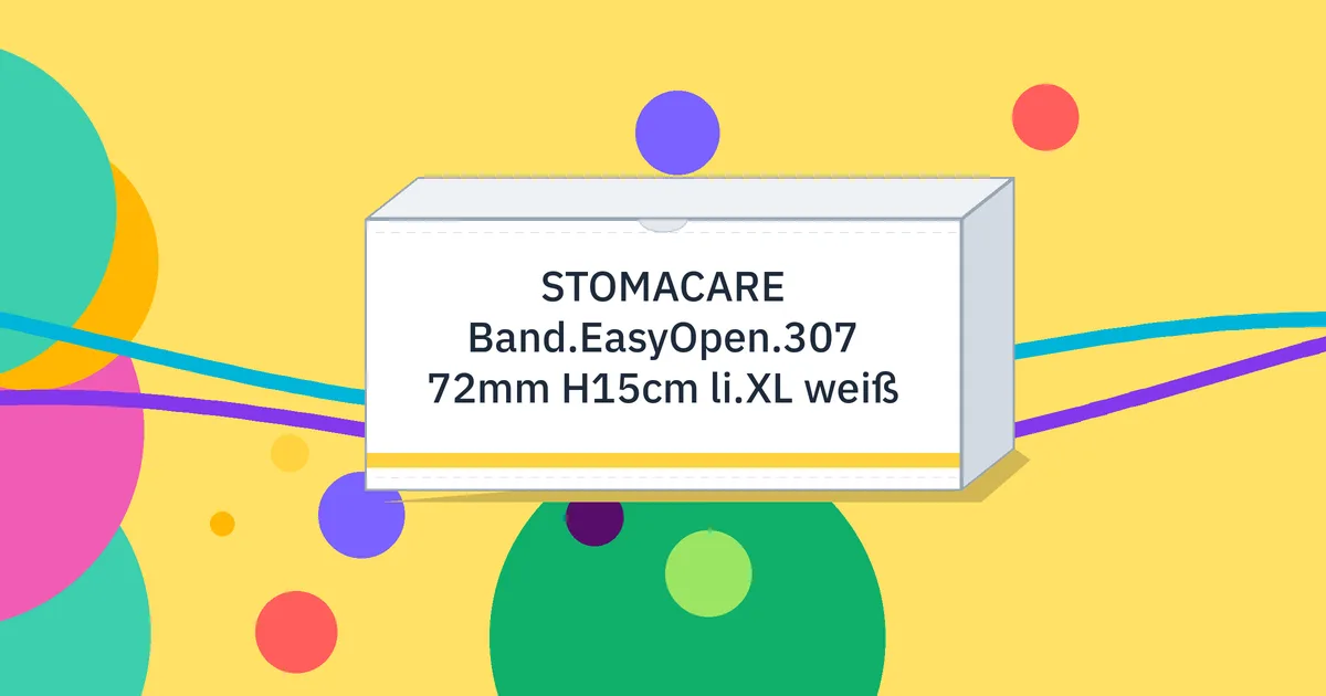 Symbolbild: Packung mit der Aufschrift STOMACARE Band.EasyOpen.307 72mm H15cm li.XL weiß (PZN 07665524) – Verfügbarkeit und Bezug in Apotheken in Frankfurt am Main