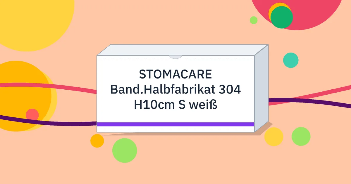 Symbolbild: Packung mit der Aufschrift STOMACARE Band.Halbfabrikat 304 H10cm S weiß (PZN 09109069) – Verfügbarkeit und Bezug in Apotheken in Frankfurt am Main
