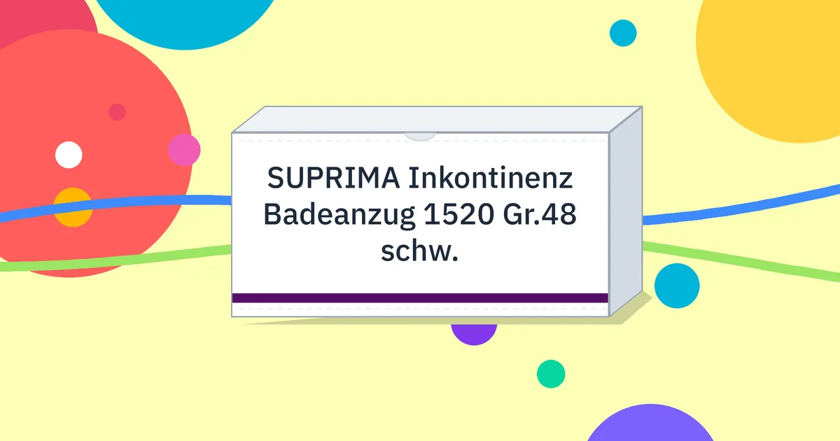 Symbolbild: Packung mit der Aufschrift SUPRIMA Inkontinenz Badeanzug 1520 Gr.48 schw. (PZN 04376512) – Verfügbarkeit und Bezug in Apotheken in Frankfurt am Main