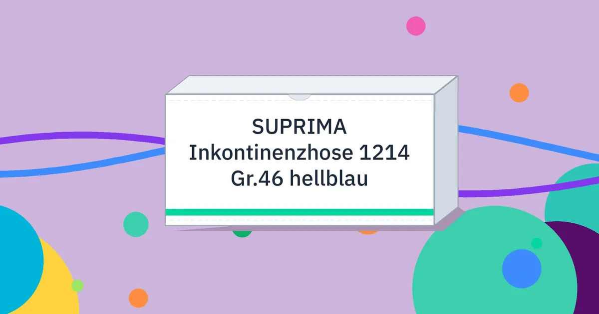 Symbolbild: Packung mit der Aufschrift SUPRIMA Inkontinenzhose 1214 Gr.46 hellblau (PZN 03027488) – Verfügbarkeit und Bezug in Apotheken in Frankfurt am Main