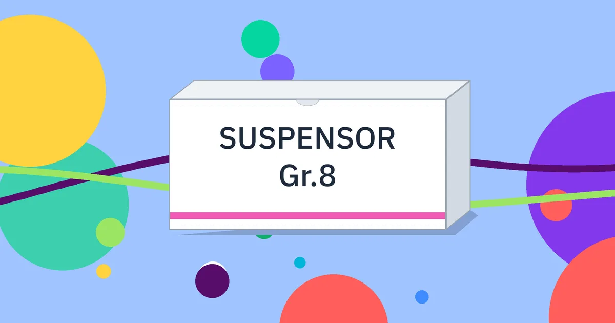 Symbolbild: Packung mit der Aufschrift SUSPENSOR Gr.8 (PZN 02612807) – Verfügbarkeit und Bezug in Apotheken in Frankfurt am Main