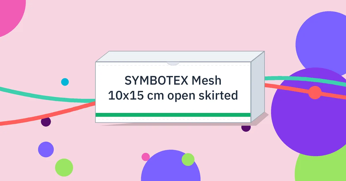 Symbolbild: Packung mit der Aufschrift SYMBOTEX Mesh 10x15 cm open skirted (PZN 10631078) – Verfügbarkeit und Bezug in Apotheken in Frankfurt am Main