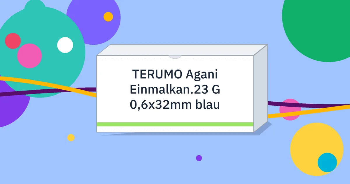 Symbolbild: Packung mit der Aufschrift TERUMO Agani Einmalkan.23 G 0,6x32mm blau (PZN 11609916) – Verfügbarkeit und Bezug in Apotheken in Frankfurt am Main