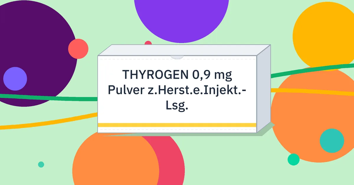 Symbolbild: Packung mit der Aufschrift THYROGEN 0,9 mg Pulver z.Herst.e.Injekt.-Lsg. (PZN 19183032) – Verfügbarkeit und Bezug in Apotheken in Frankfurt am Main
