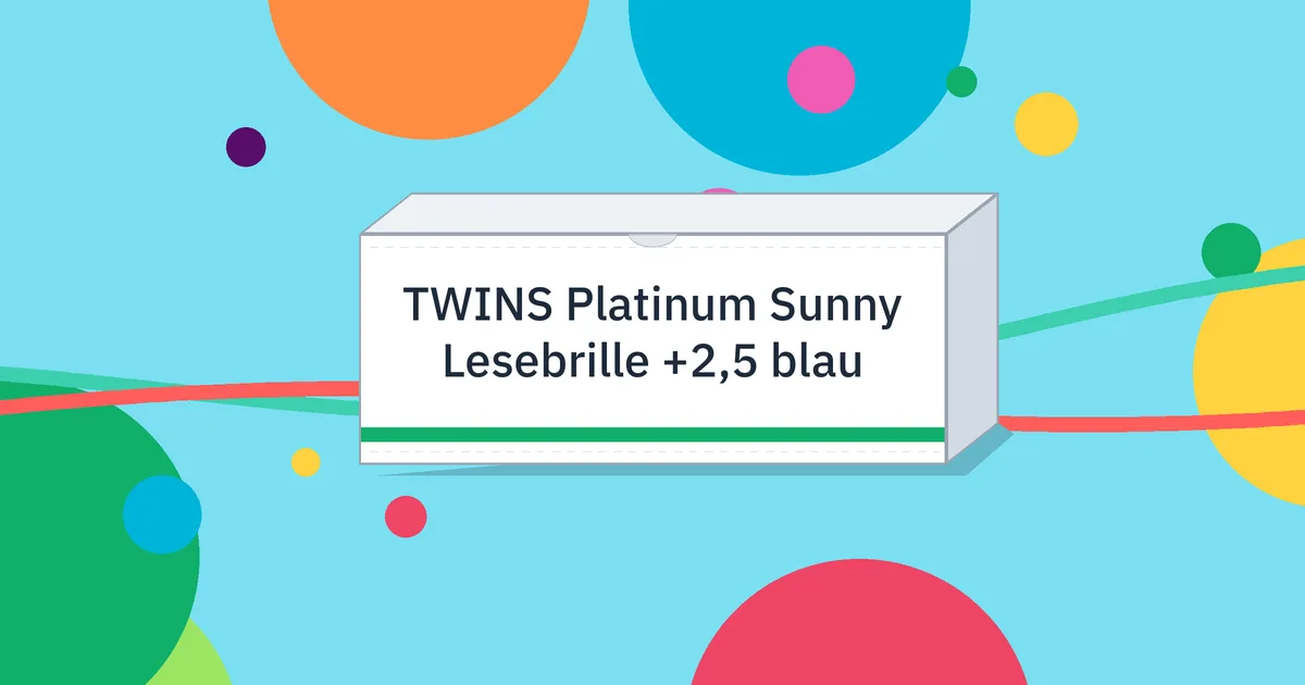 Symbolbild: Packung mit der Aufschrift TWINS Platinum Sunny Lesebrille +2,5 blau (PZN 13343960) – Verfügbarkeit und Bezug in Apotheken in Frankfurt am Main