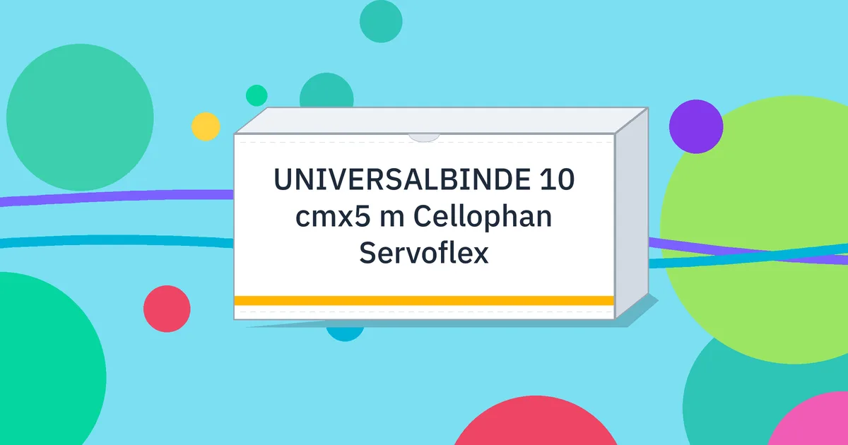Symbolbild: Packung mit der Aufschrift UNIVERSALBINDE 10 cmx5 m Cellophan Servoflex (PZN 04762184) – Verfügbarkeit und Bezug in Apotheken in Frankfurt am Main