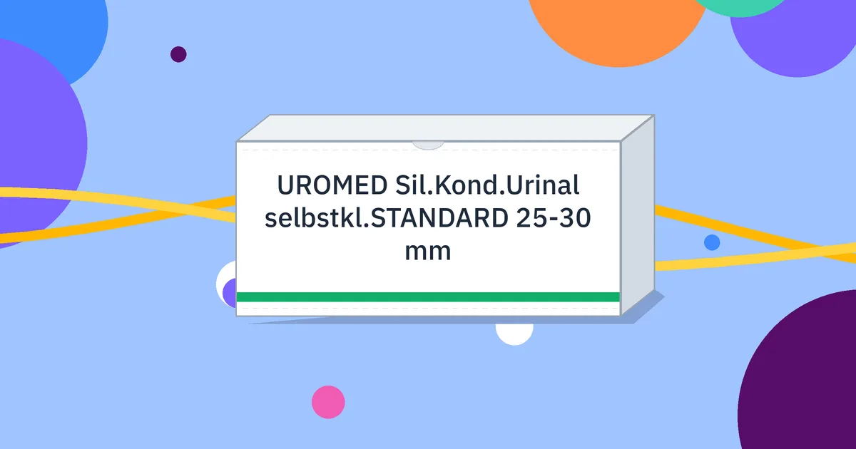 Symbolbild: Packung mit der Aufschrift UROMED Sil.Kond.Urinal selbstkl.STANDARD 25-30 mm (PZN 13650165) – Verfügbarkeit und Bezug in Apotheken in Frankfurt am Main
