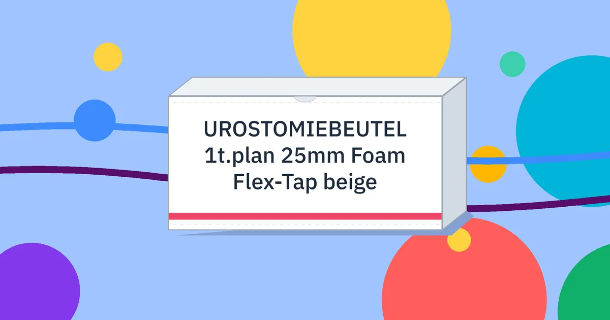 Symbolbild: Packung mit der Aufschrift UROSTOMIEBEUTEL 1t.plan 25mm Foam Flex-Tap beige (PZN 17944610) – Verfügbarkeit und Bezug in Apotheken in Frankfurt am Main