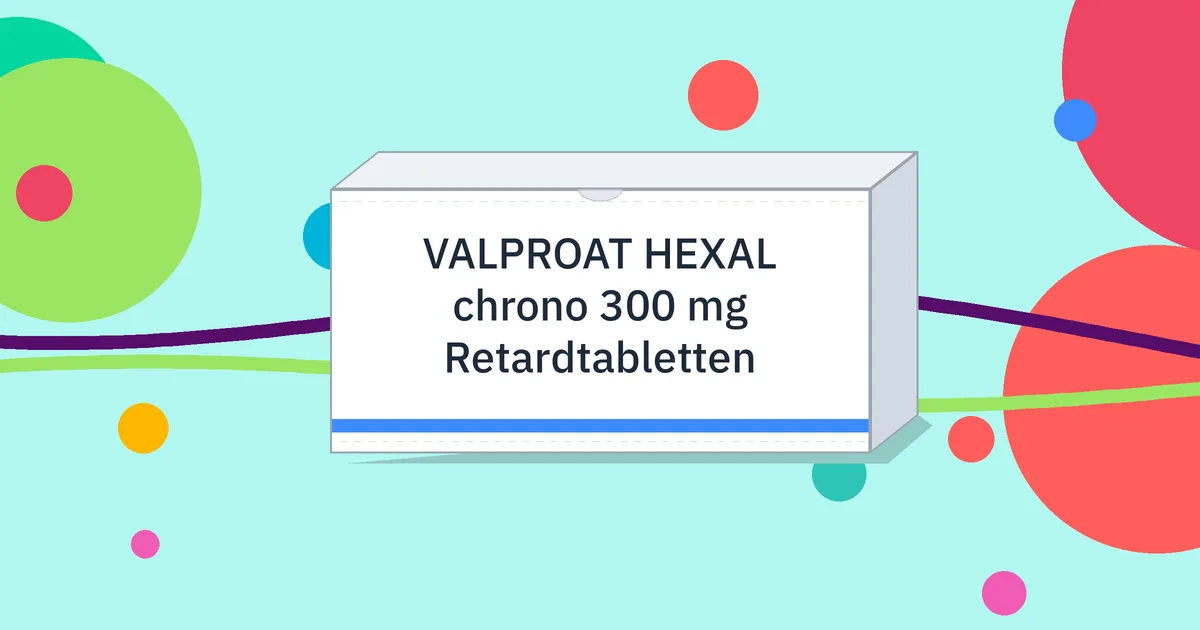 Symbolbild: Packung mit der Aufschrift VALPROAT HEXAL chrono 300 mg Retardtabletten (PZN 01044152) – Verfügbarkeit und Bezug in Apotheken in Frankfurt am Main