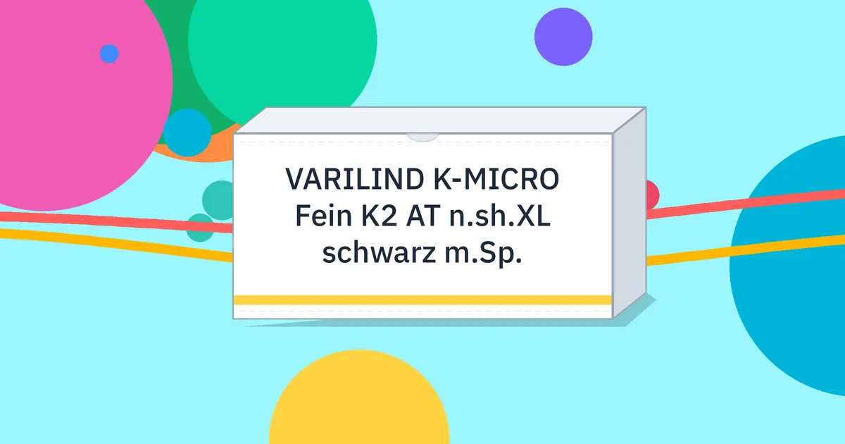Symbolbild: Packung mit der Aufschrift VARILIND K-MICRO Fein K2 AT n.sh.XL schwarz m.Sp. (PZN 20553698) – Verfügbarkeit und Bezug in Apotheken in Frankfurt am Main