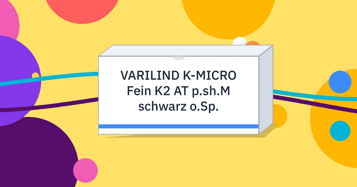 Symbolbild: Packung mit der Aufschrift VARILIND K-MICRO Fein K2 AT p.sh.M schwarz o.Sp. (PZN 20553942) – Verfügbarkeit und Bezug in Apotheken in Frankfurt am Main