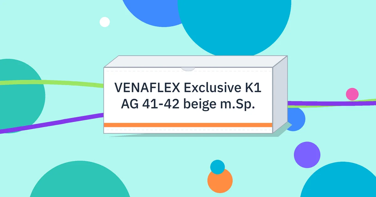 Symbolbild: Packung mit der Aufschrift VENAFLEX Exclusive K1 AG 41-42 beige m.Sp. (PZN 18309123) – Verfügbarkeit und Bezug in Apotheken in Frankfurt am Main