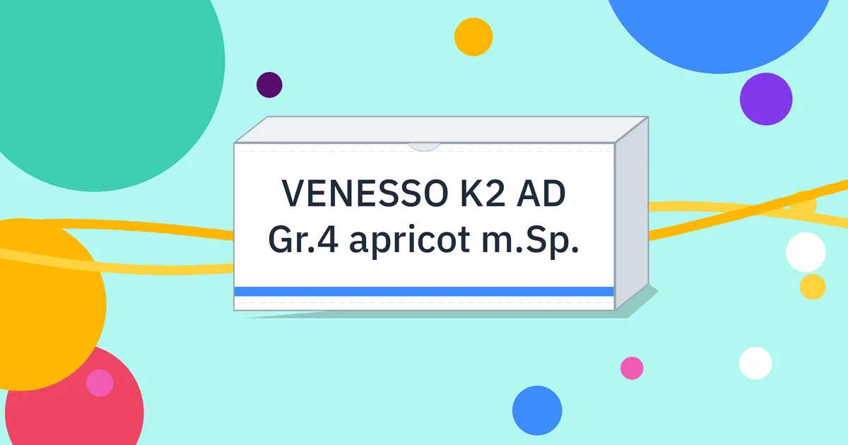 Symbolbild: Packung mit der Aufschrift VENESSO K2 AD Gr.4 apricot m.Sp. (PZN 03257225) – Verfügbarkeit und Bezug in Apotheken in Frankfurt am Main