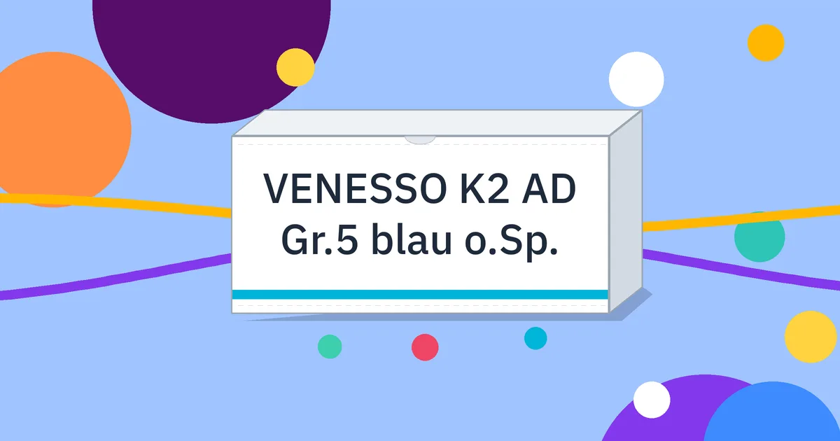 Symbolbild: Packung mit der Aufschrift VENESSO K2 AD Gr.5 blau o.Sp. (PZN 03260345) – Verfügbarkeit und Bezug in Apotheken in Frankfurt am Main