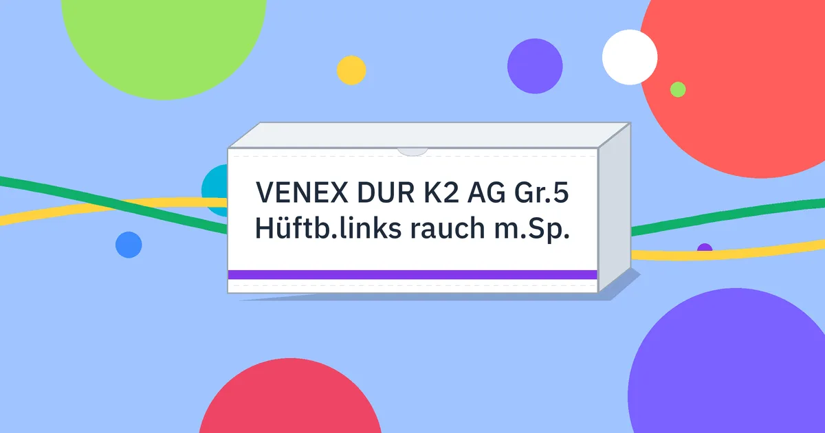 Symbolbild: Packung mit der Aufschrift VENEX DUR K2 AG Gr.5 Hüftb.links rauch m.Sp. (PZN 03225544) – Verfügbarkeit und Bezug in Apotheken in Frankfurt am Main