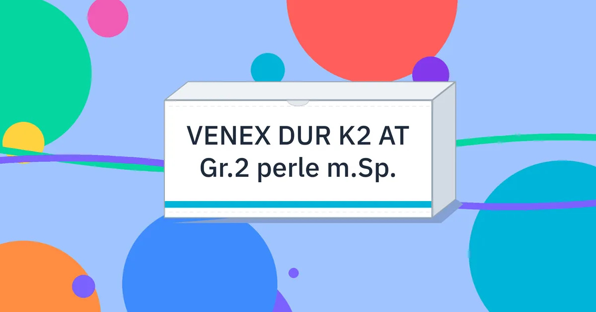Symbolbild: Packung mit der Aufschrift VENEX DUR K2 AT Gr.2 perle m.Sp. (PZN 03221747) – Verfügbarkeit und Bezug in Apotheken in Frankfurt am Main