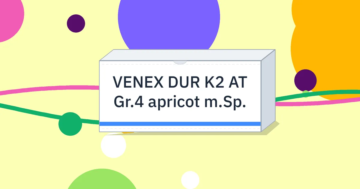 Symbolbild: Packung mit der Aufschrift VENEX DUR K2 AT Gr.4 apricot m.Sp. (PZN 03221888) – Verfügbarkeit und Bezug in Apotheken in Frankfurt am Main