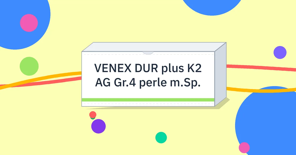 Symbolbild: Packung mit der Aufschrift VENEX DUR plus K2 AG Gr.4 perle m.Sp. (PZN 03235169) – Verfügbarkeit und Bezug in Apotheken in Frankfurt am Main