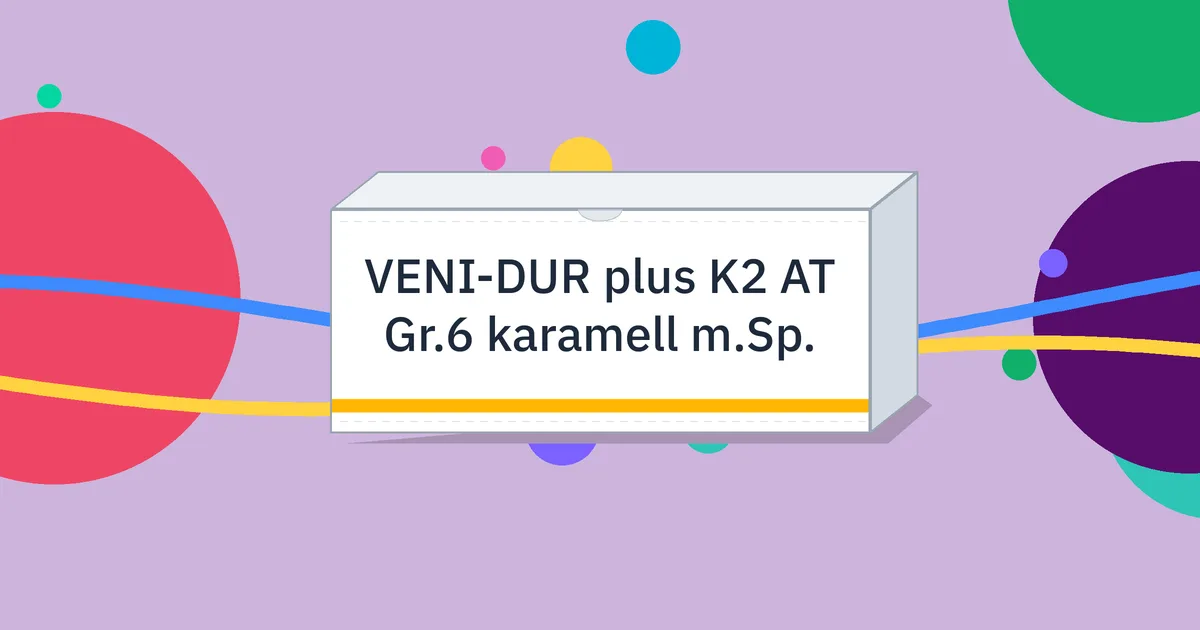 Symbolbild: Packung mit der Aufschrift VENI-DUR plus K2 AT Gr.6 karamell m.Sp. (PZN 13757130) – Verfügbarkeit und Bezug in Apotheken in Frankfurt am Main