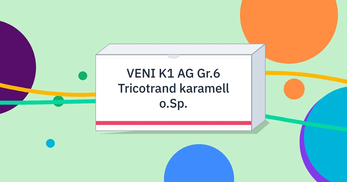 Symbolbild: Packung mit der Aufschrift VENI K1 AG Gr.6 Tricotrand karamell o.Sp. (PZN 13762332) – Verfügbarkeit und Bezug in Apotheken in Frankfurt am Main