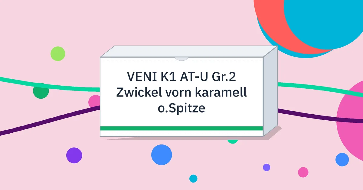 Symbolbild: Packung mit der Aufschrift VENI K1 AT-U Gr.2 Zwickel vorn karamell o.Spitze (PZN 13758827) – Verfügbarkeit und Bezug in Apotheken in Frankfurt am Main