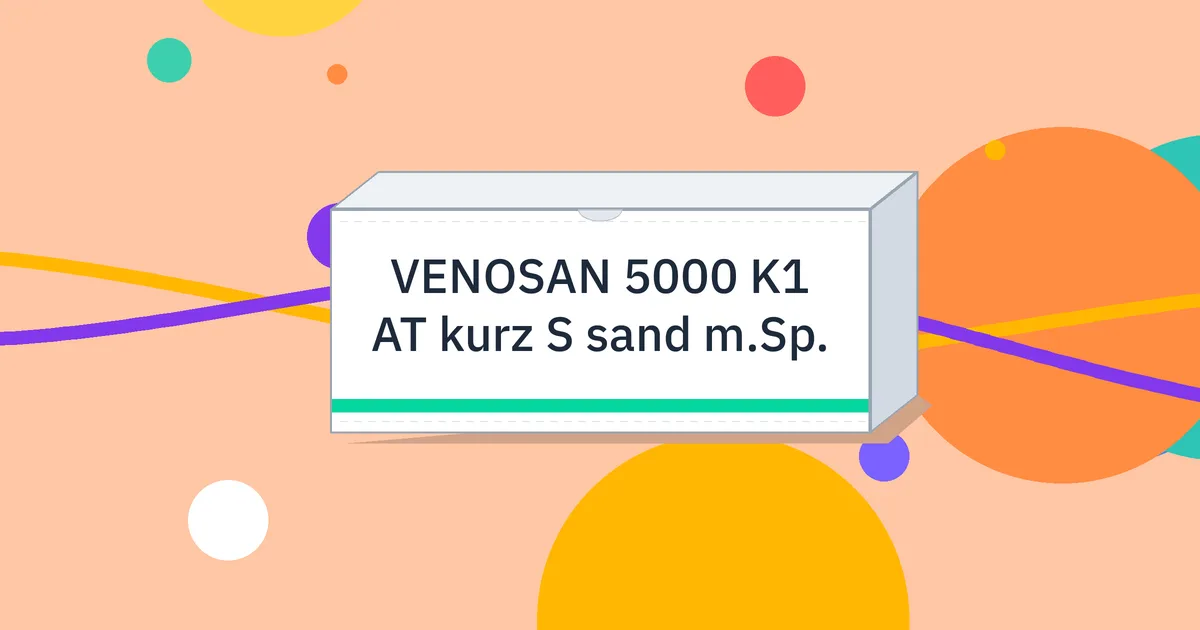 Symbolbild: Packung mit der Aufschrift VENOSAN 5000 K1 AT kurz S sand m.Sp. (PZN 14428256) – Verfügbarkeit und Bezug in Apotheken in Frankfurt am Main
