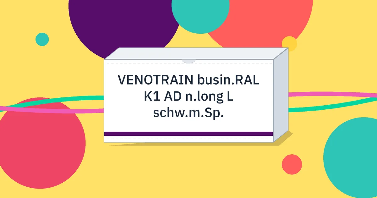 Symbolbild: Packung mit der Aufschrift VENOTRAIN busin.RAL K1 AD n.long L schw.m.Sp. (PZN 06948668) – Verfügbarkeit und Bezug in Apotheken in Frankfurt am Main