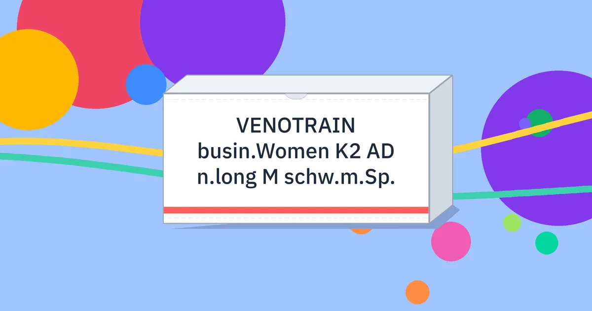 Symbolbild: Packung mit der Aufschrift VENOTRAIN busin.Women K2 AD n.long M schw.m.Sp. (PZN 10196292) – Verfügbarkeit und Bezug in Apotheken in Frankfurt am Main